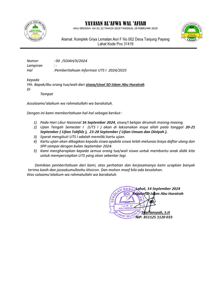 Surat UTS 1 | PDF