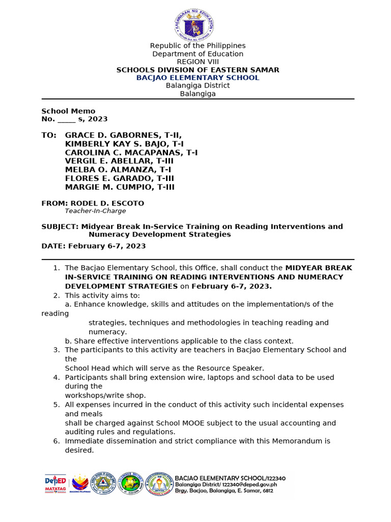 School Memo No. 10 S, 2023 | PDF