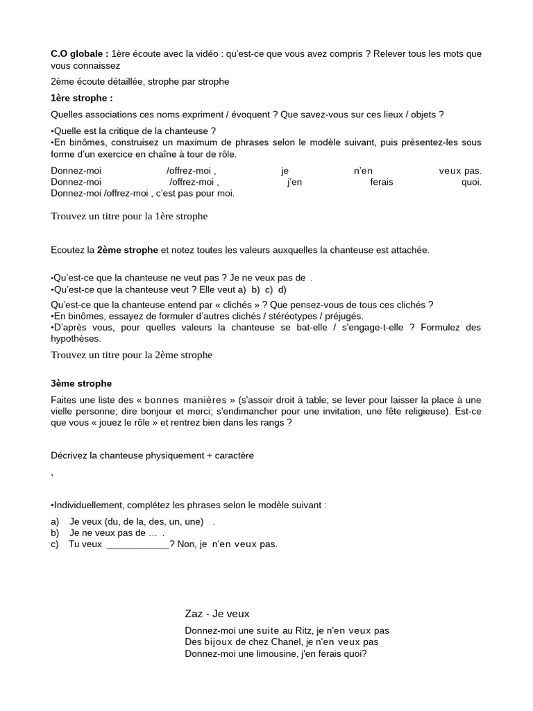 Zaz Je Veux Exos | PDF