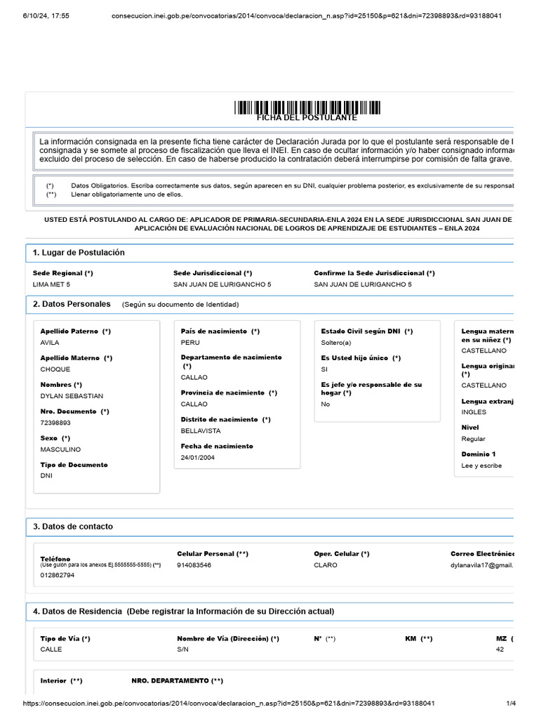Ficha Inscripción INEI | PDF