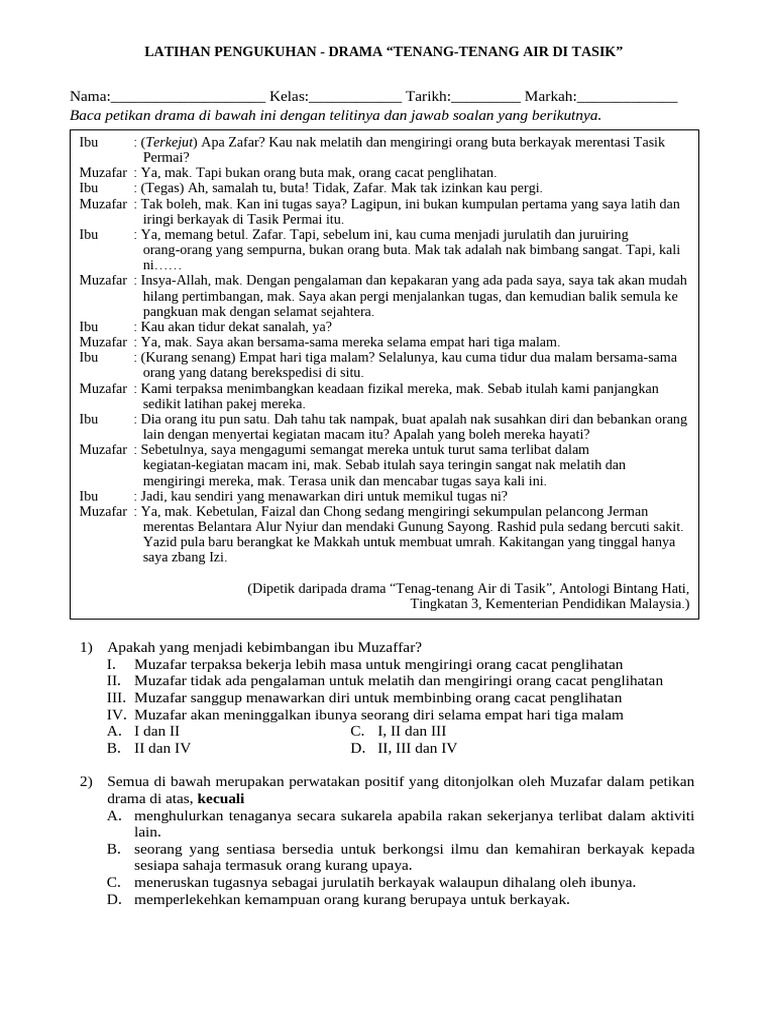 Latihan Drama Tenang-Tenang Di Air Tasik | PDF