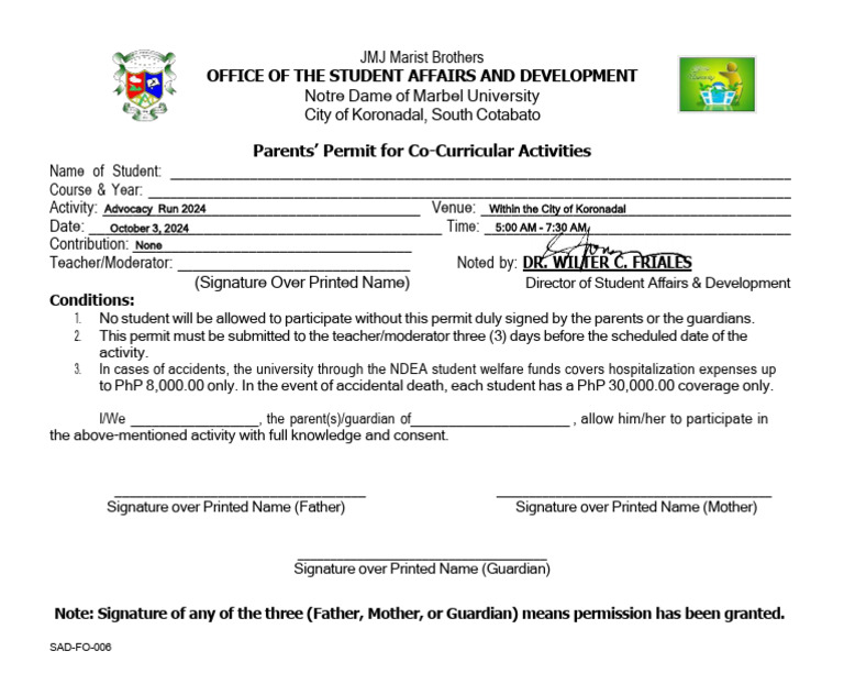 Advocacy Run 2024 Parents Permit | PDF