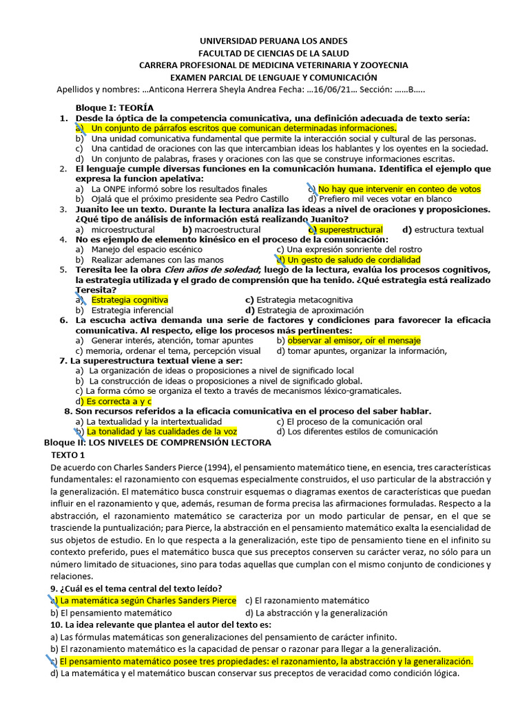 Examen Parcial de Lenguaje | PDF