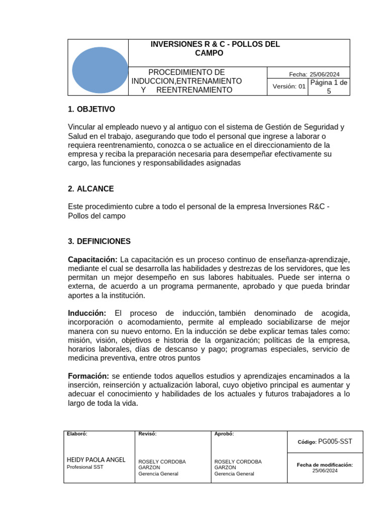 Procedimiento de Induccion, Reinduccion, Capacitación y Entrenamiento - Pollos Del Campo | PDF ...
