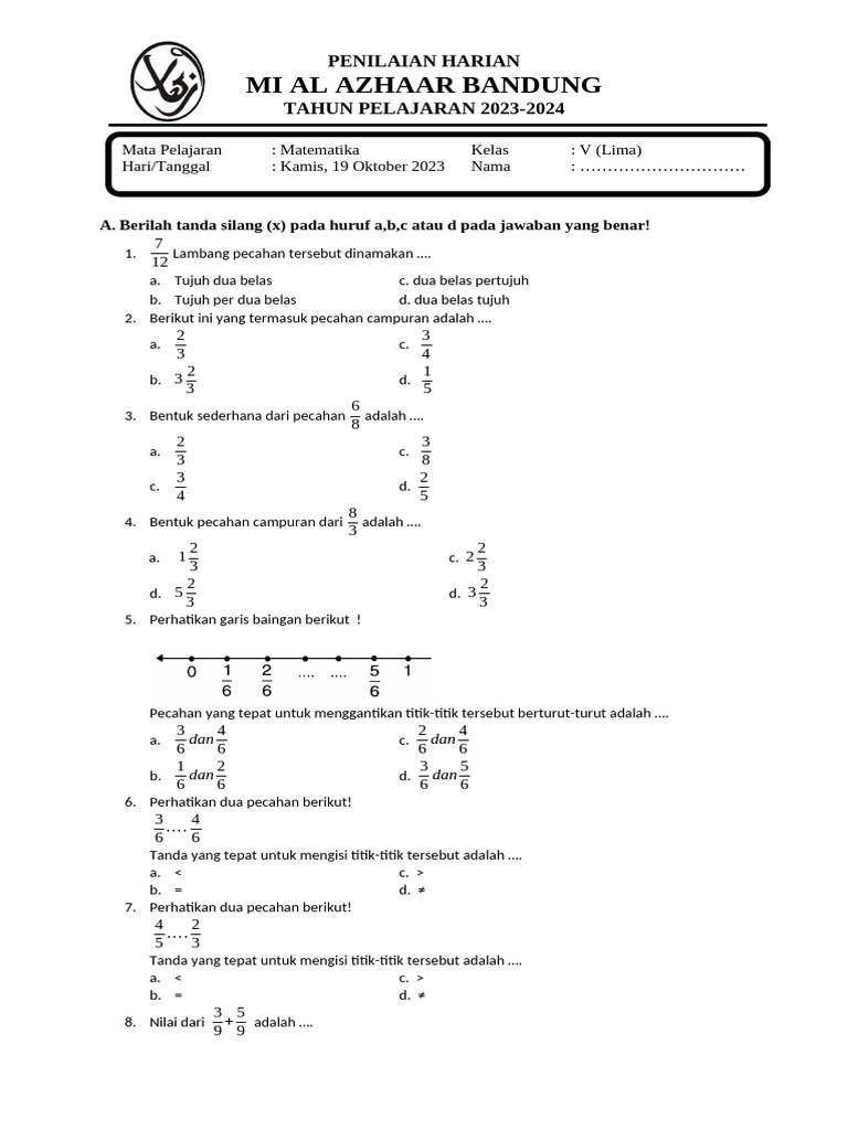 Penilaian Harian MTK KLS 5 Pecahan | PDF