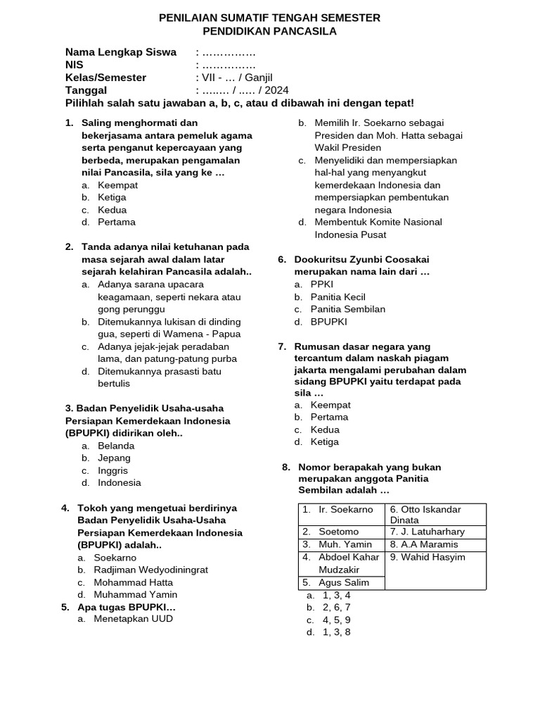 PTS PPKN Kelas 7 Semester 1 | PDF