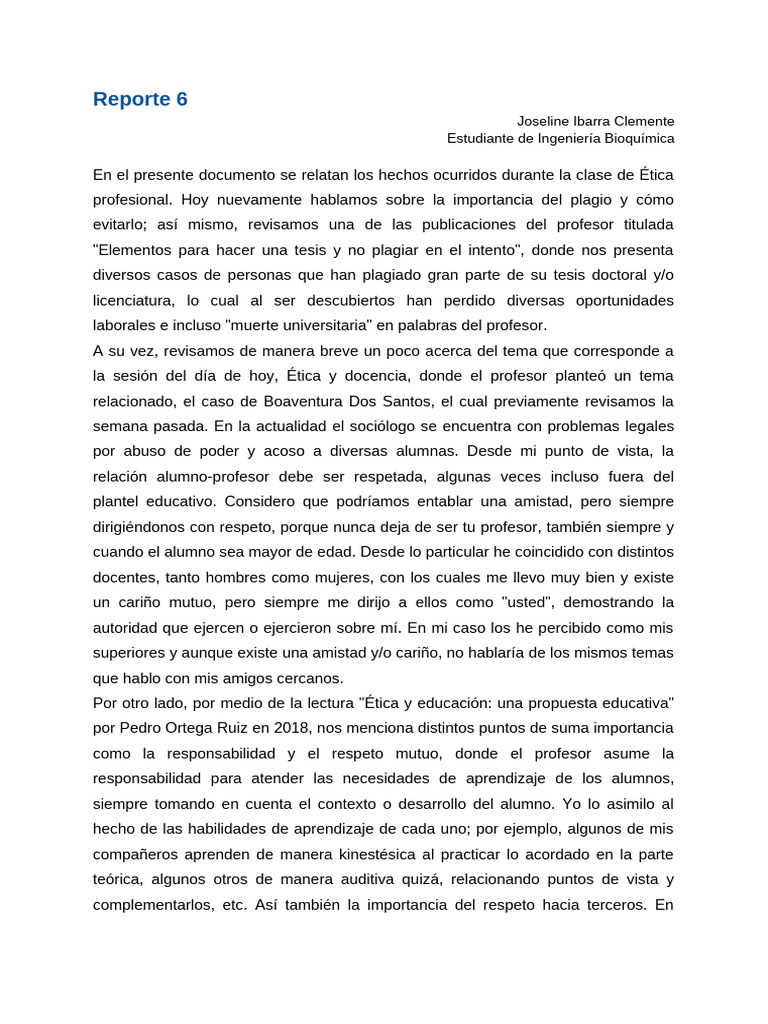 Reporte 6 - Ética - Ibarra | PDF | Maestros | Ciencia y matemáticas