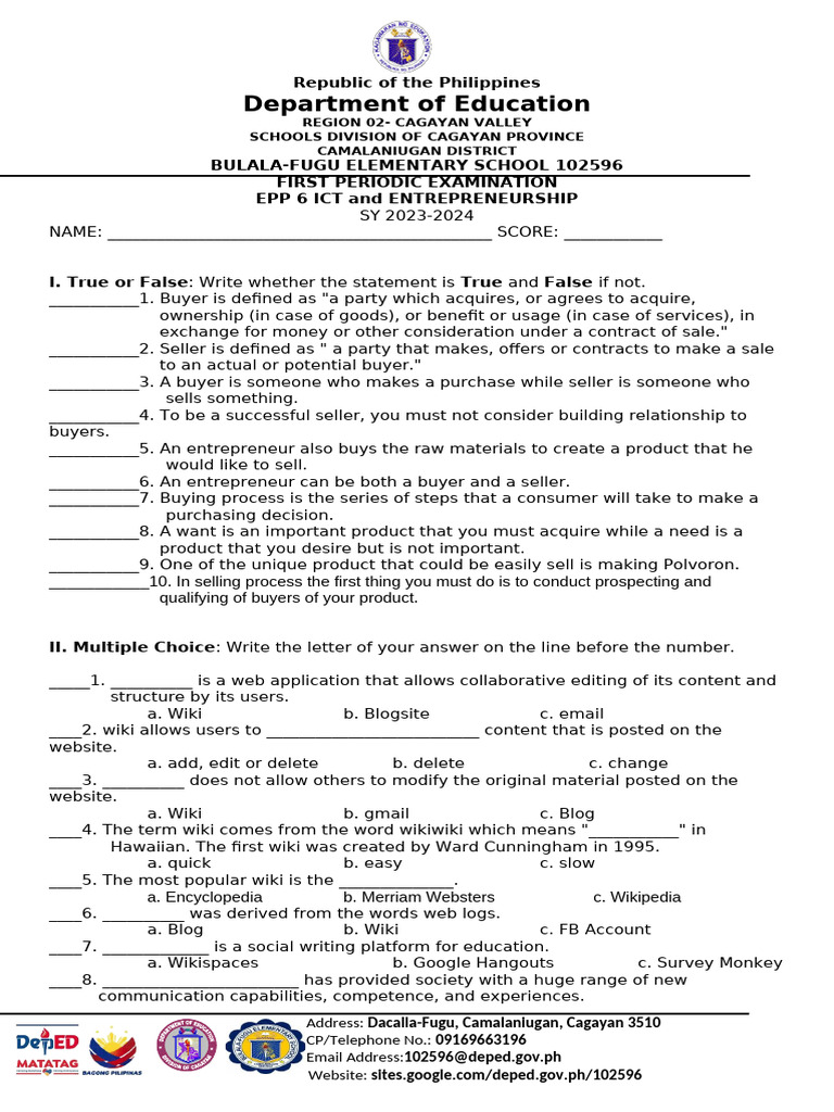 1st Quarter PT EPP 6 ICT ENTREP 24-25 | PDF