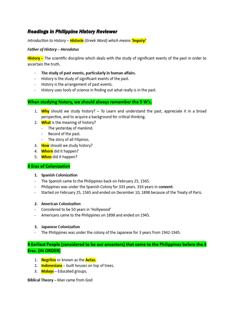 Readings in Philippine History Reviewer | PDF