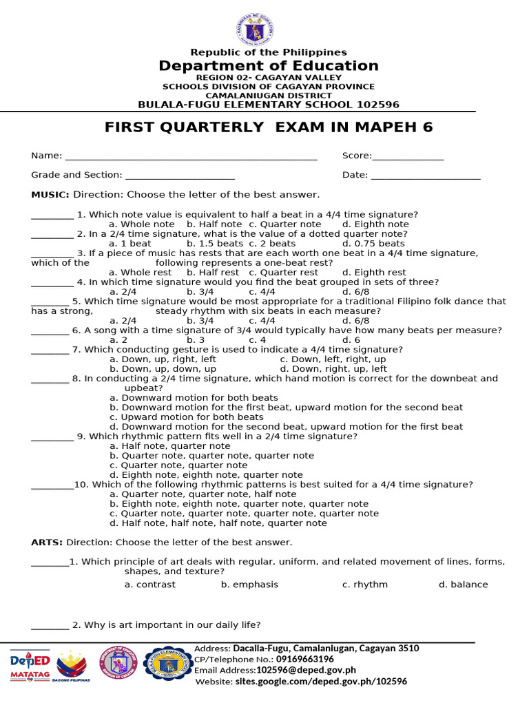 1ST Quarter PT Mapeh 6 24-25 | PDF