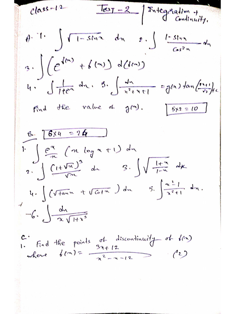 Math Test 12integration and Continuity | PDF