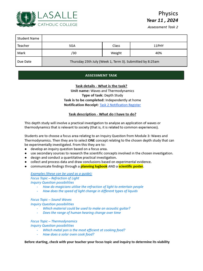 Year 11 Physics 2024 - Task 2 Notification | PDF