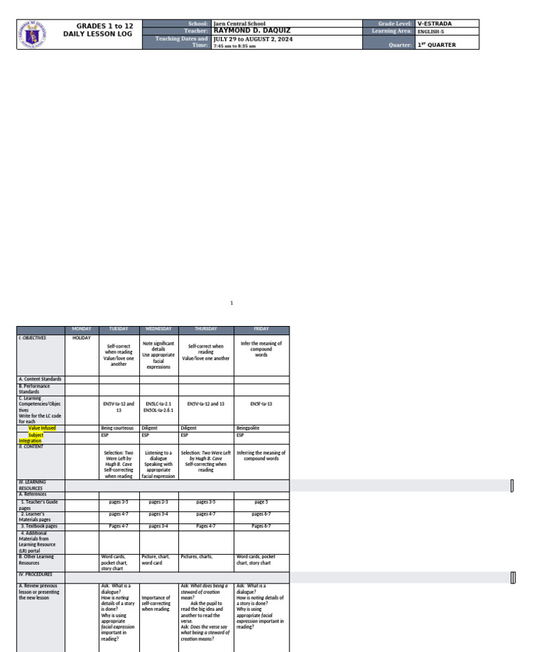 1ST DLL English 5 - Q1 - W1 2023 | PDF