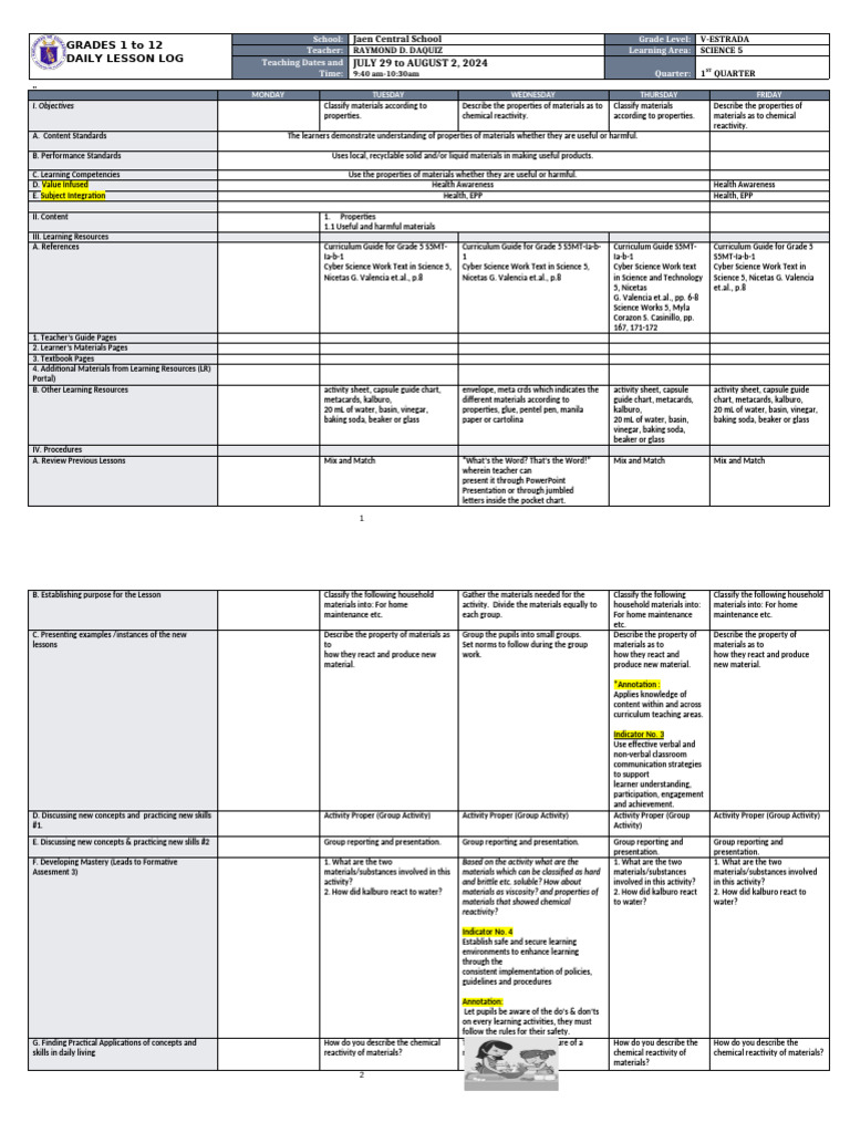 1ST-DLL Science-5 Q1 W1-2023 | PDF
