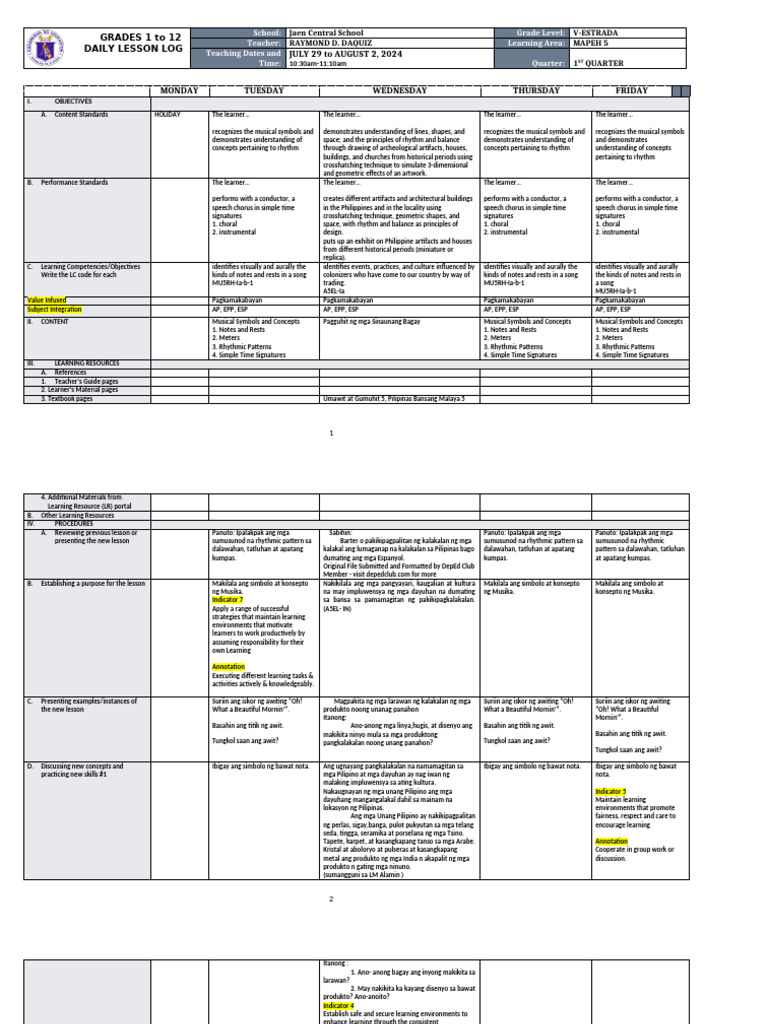 1ST-DLL Mapeh-5 Q1 W1-2023 | PDF