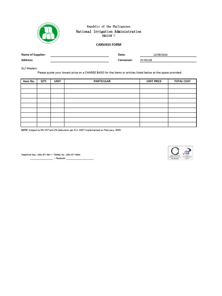 Canvass Form | PDF
