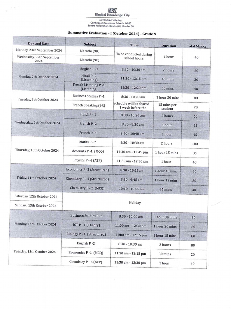 Exam Time Table | PDF