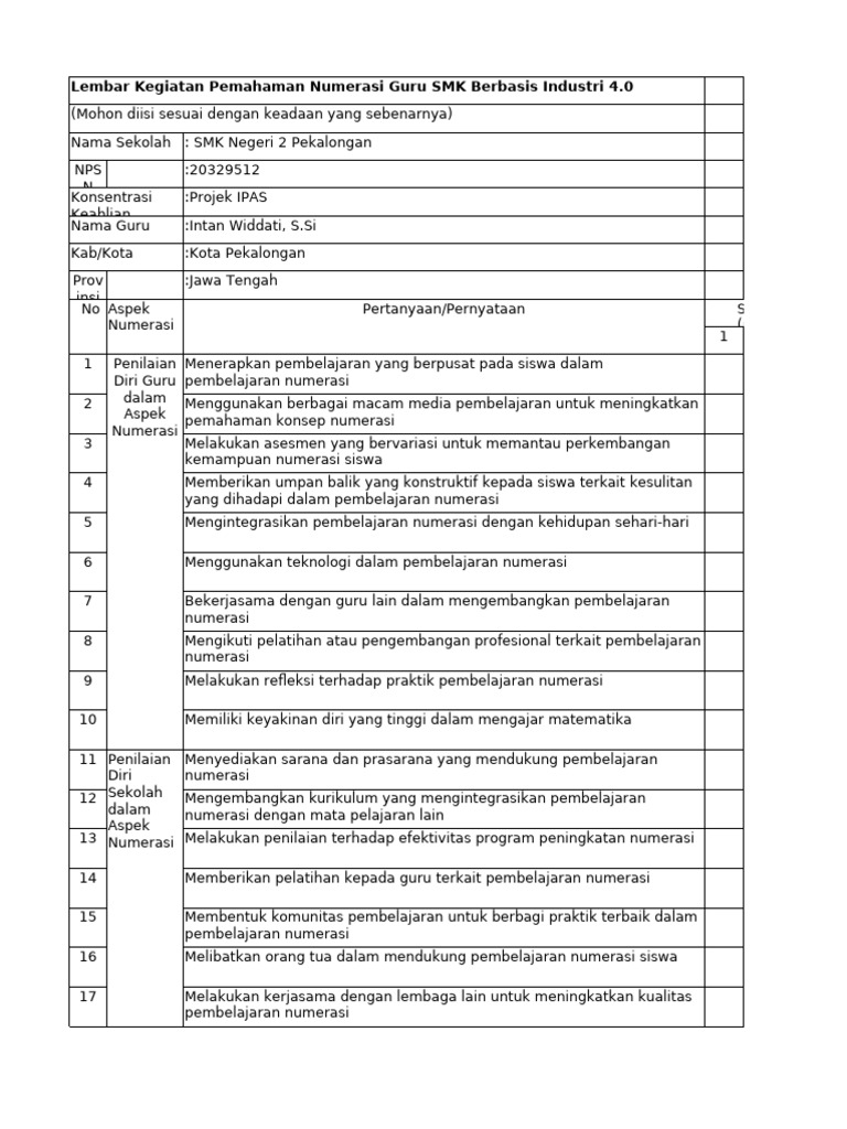 1 - Lembar Kegiatan Numerasi Workshop SMK - Intan Widdati | PDF