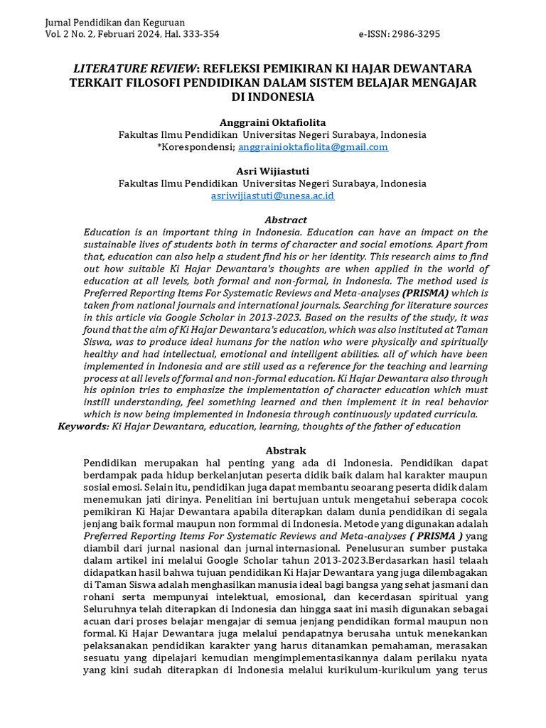 ARTIKEL Refleksi Pemikiran Ki Hajar Dewantara Terkait Filosofi Pendidikan Dalam Sistem Belajar ...