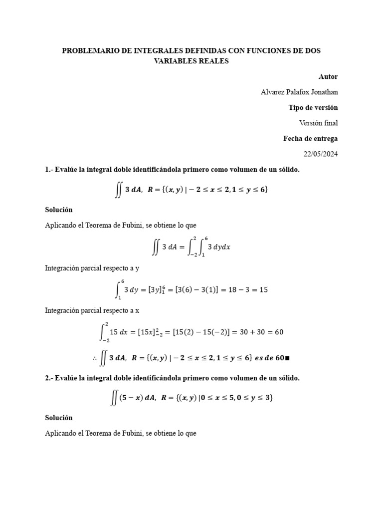 Problemario de Integrales Definidas Con Funciones de Dos Variables Reales | PDF