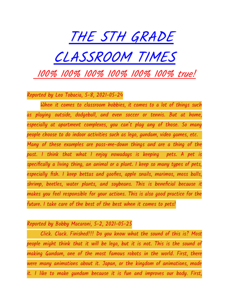 The 5TH Grade Classroom Times | PDF