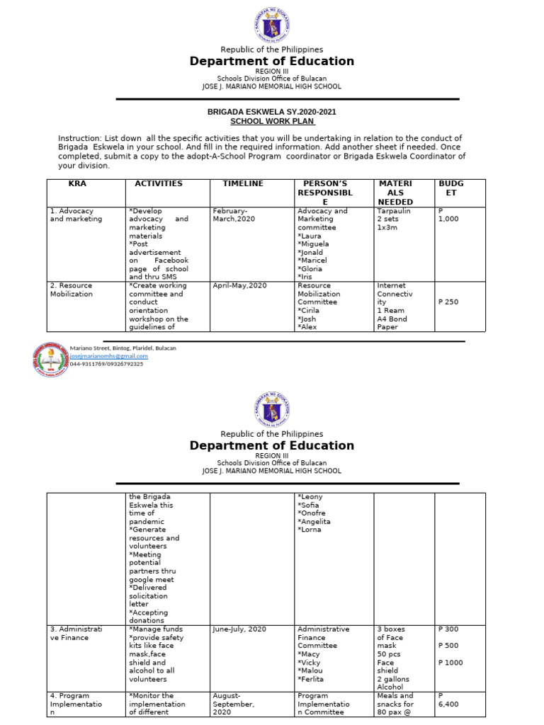 Be Form 2-School Work Plan | PDF