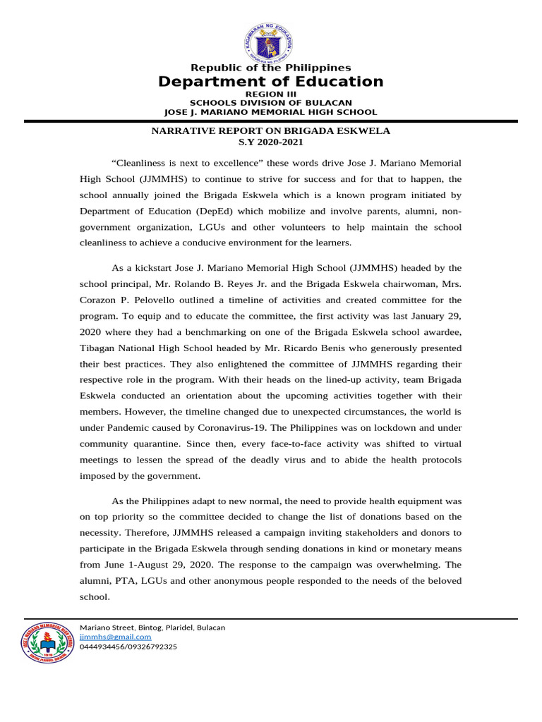 Narrative Report On Brigada Eskwela | PDF