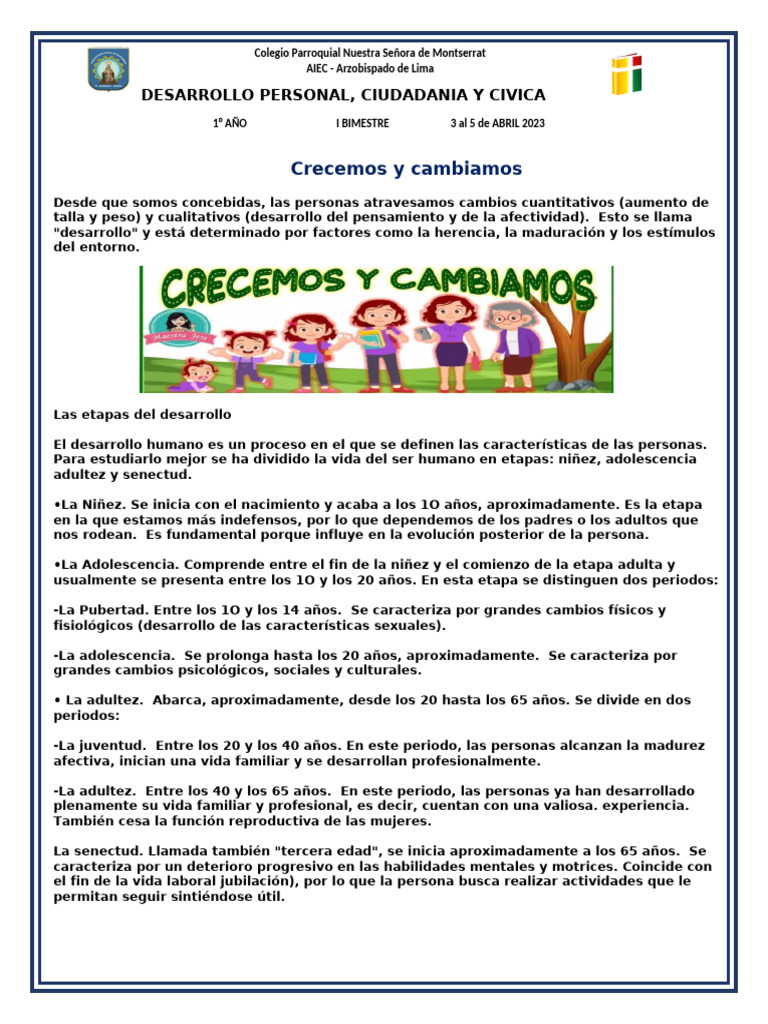 1 Ano DPCC Tema 1 CRECEMOS Y CAMBIAMOS | PDF