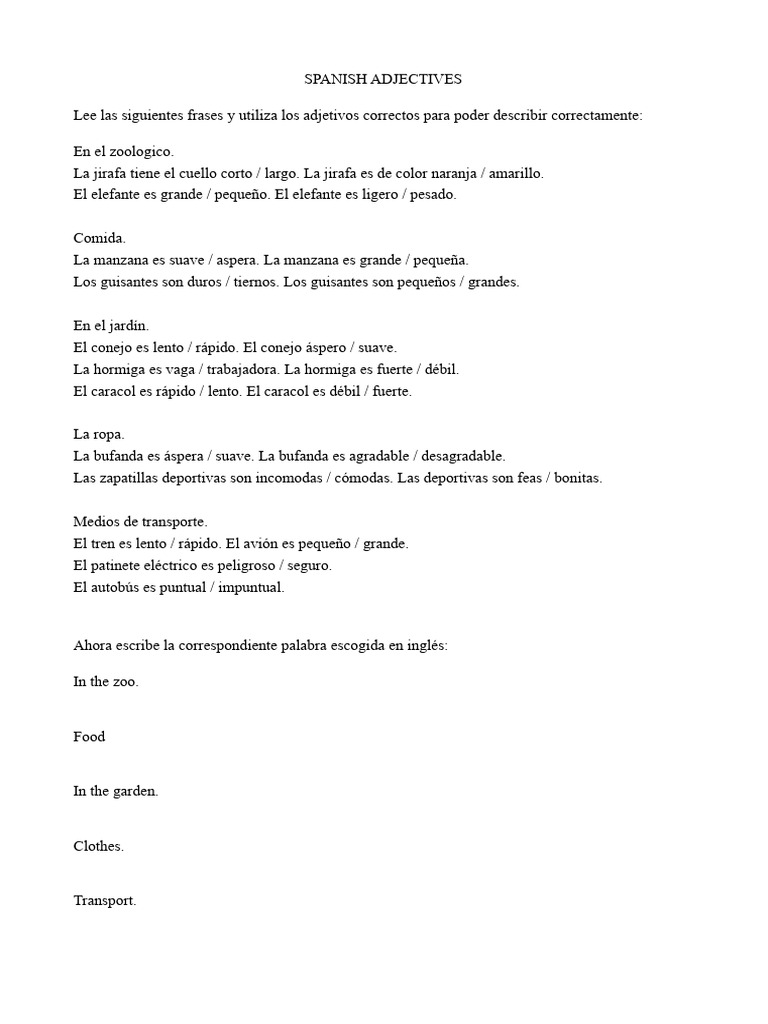 Spanish Adjectives Practice Guide | PDF | Language Arts & Discipline