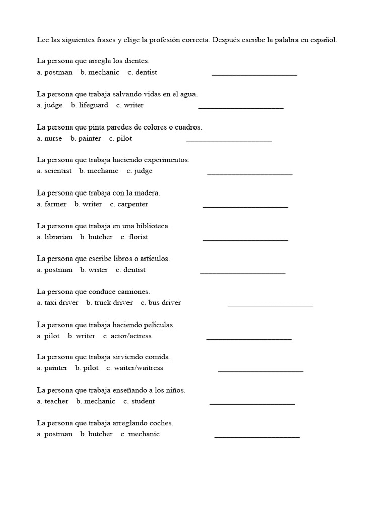 Profesiones en Español: Preguntas y Respuestas | PDF