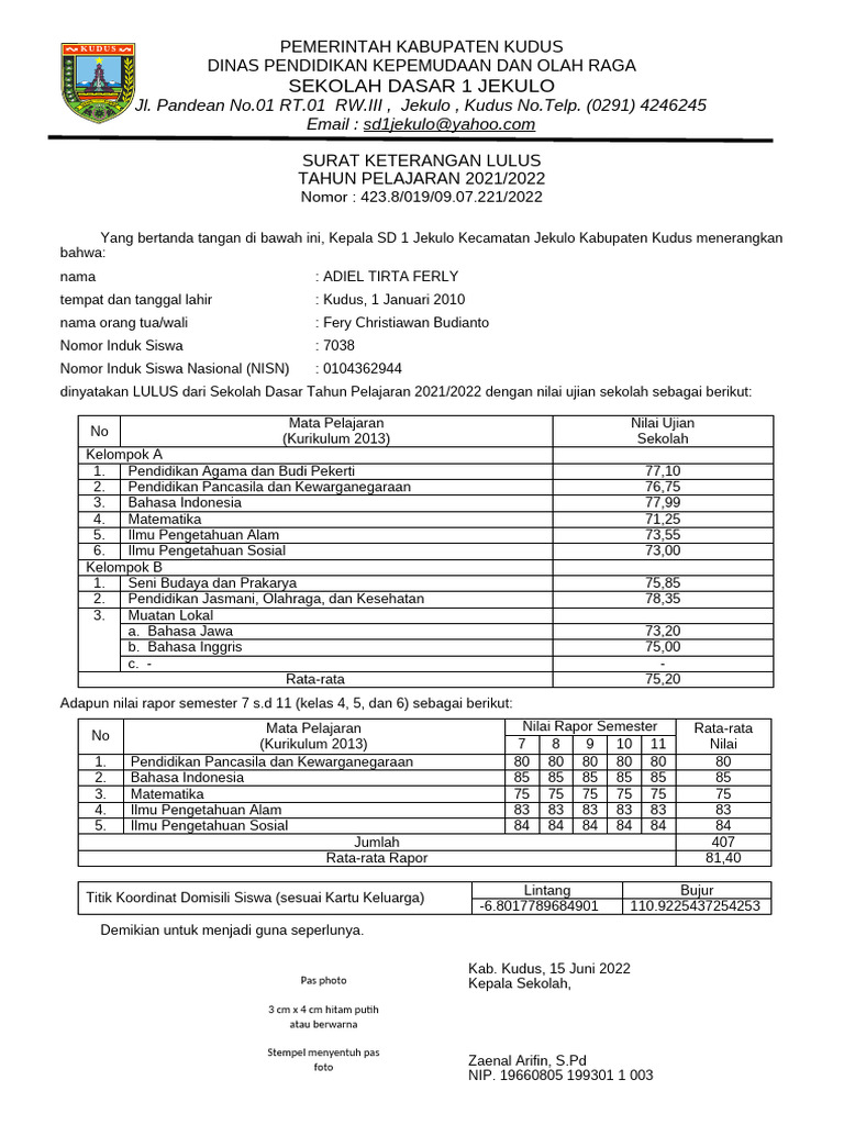 Contoh SKL Yang Sudah Diisi | PDF