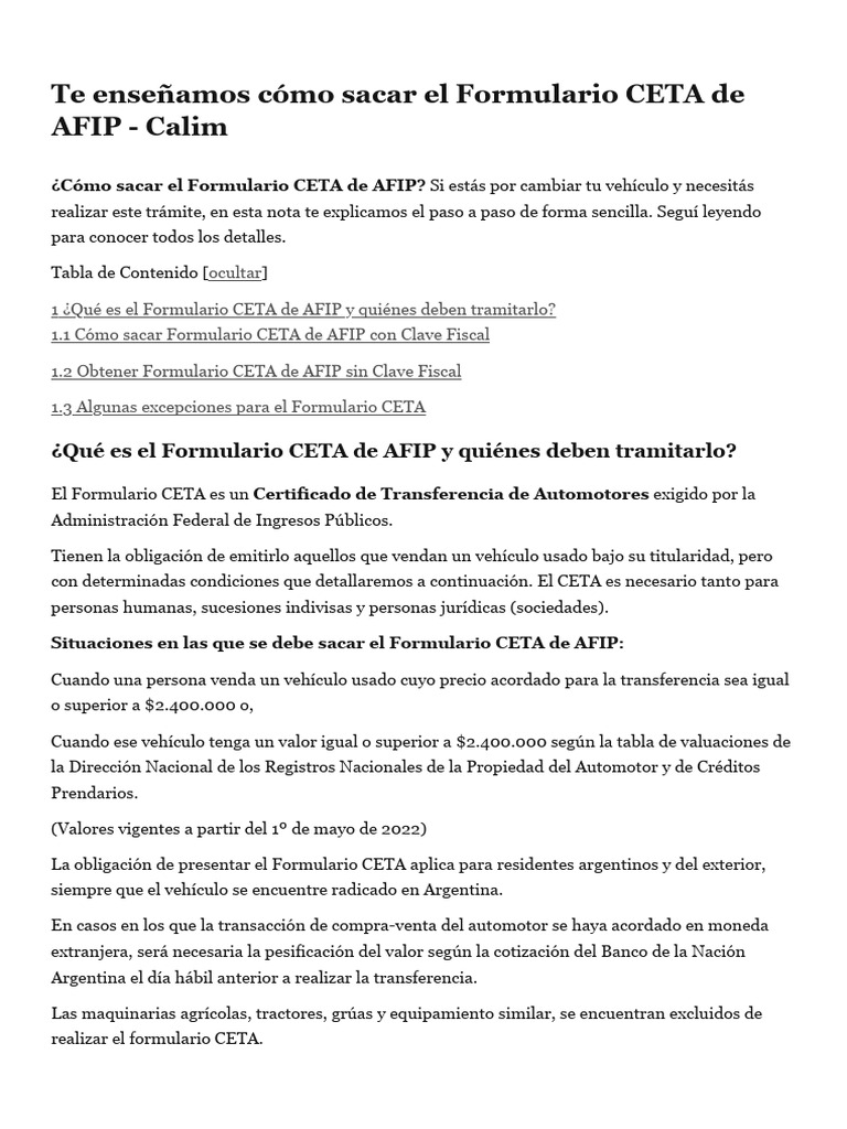 Te Enseñamos Cómo Sacar El Formulario Ceta de Afip - Calim | PDF