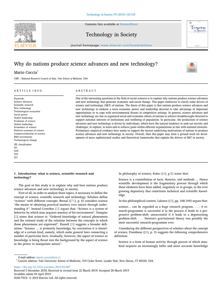 Coccia, 2019 - Why Do Nations Produce Science Advances and New Technology | PDF