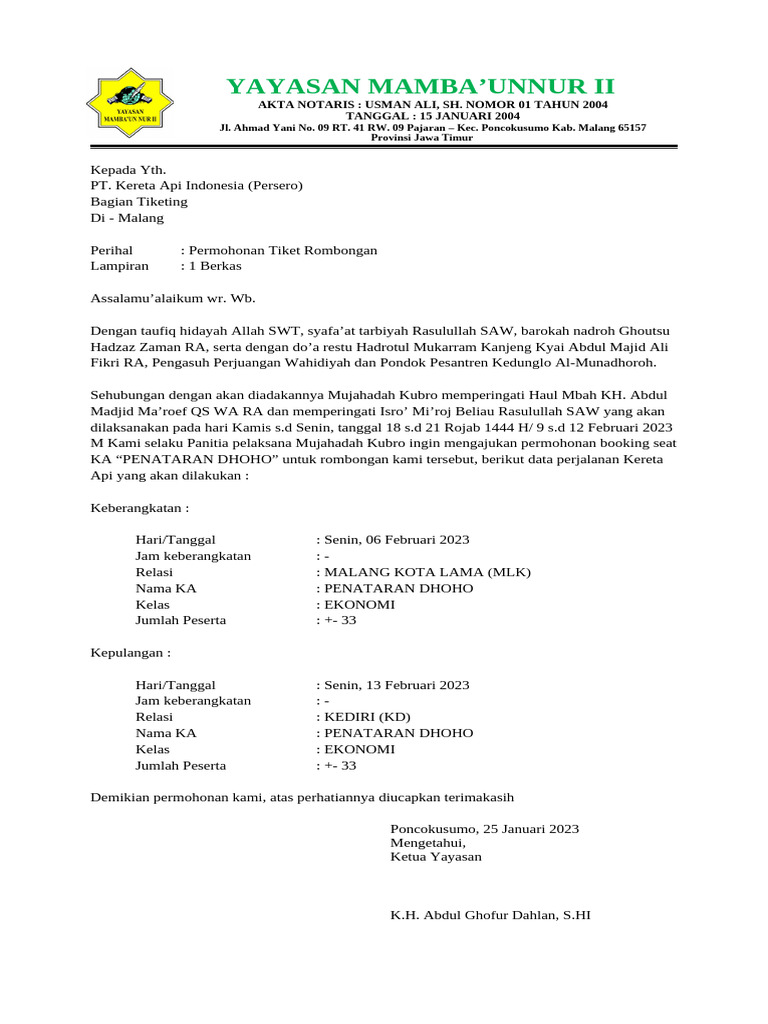 SURAT PERMOHONAN TIKET KA | PDF