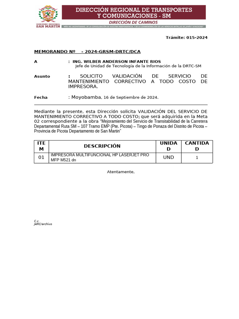 Memorando - # - 2024 - Solicito Validación de Servicio | PDF