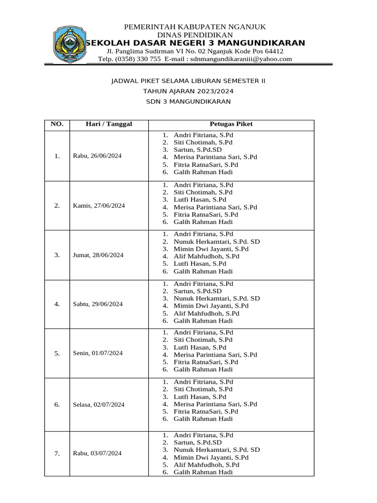 Jadwal Piket Liburan | PDF