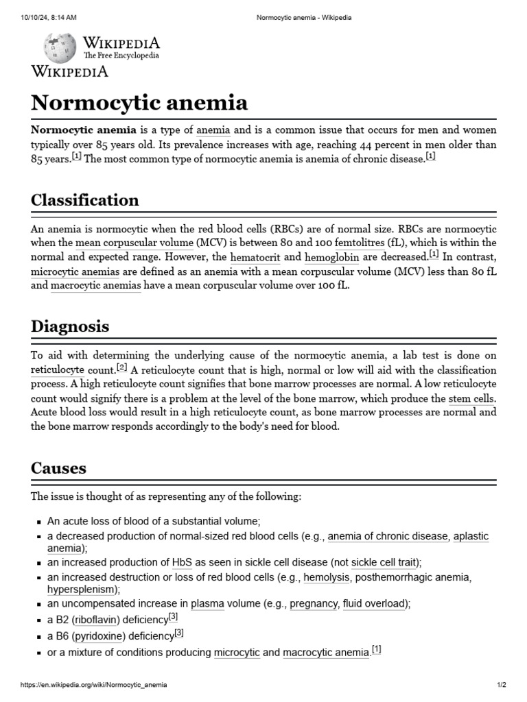 Normocytic Anemia - Wikipedia | PDF