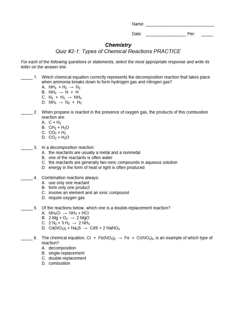 Quiz 2 1 Fy13 Identifying Predicting Chemical Reactions Practice | PDF