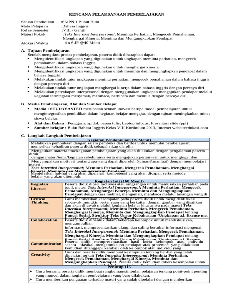 1. rpp 1 lembar B.Ing Kelas 8 K13 | PDF