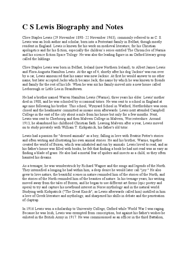 C S Lewis Biography and Notes | C. S. Lewis | The Chronicles Of Narnia