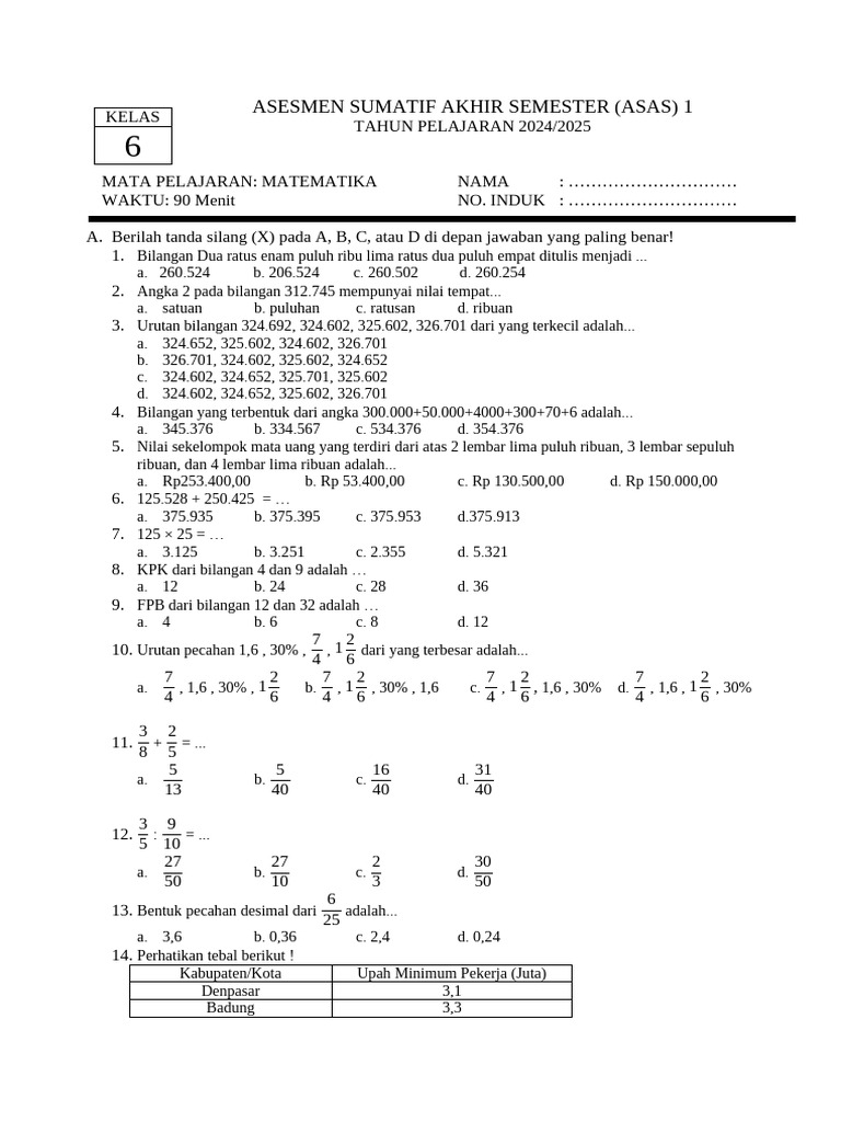 Naskah Soal Asas Matematika Kelas 6 - 1 2425 | PDF