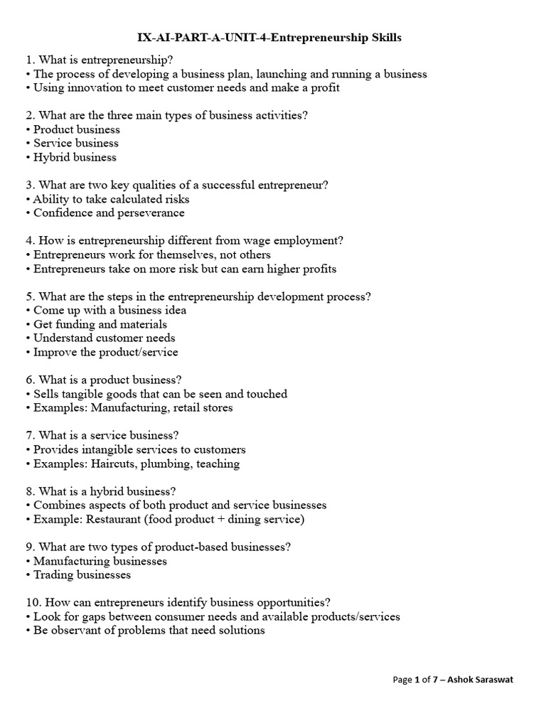 IX-AI-PART-A-UNIT-4-Entrepreneurship Skills: 1 7 - Ashok Saraswat | PDF