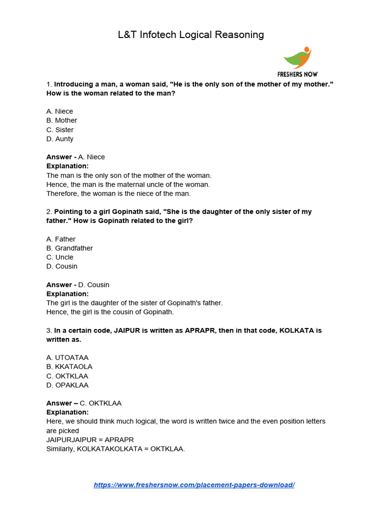Lt Infotech Logical Reasoning Pdf