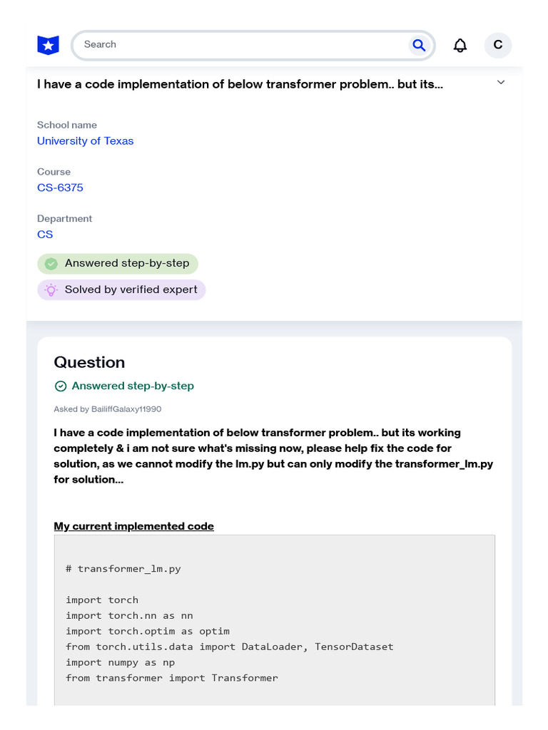(Solved) I Have A Code Implementation of Below Transformer Problem ...