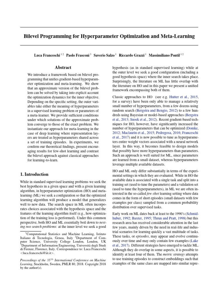Bilevel Programming For Hyperparameter Optimization and Meta-Learning | PDF