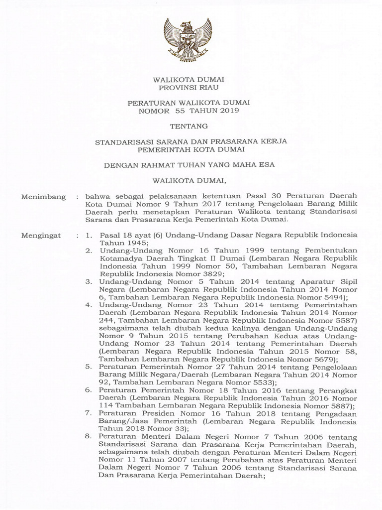 Perwa No.55 TH 2019 TTG Standarisasi Sarana Dan Prasarana Kerja | PDF