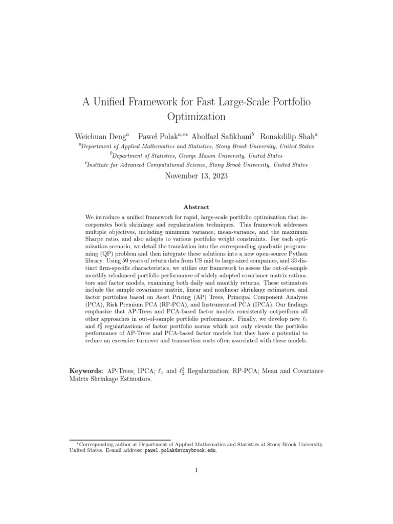 A Unified Framework For Fast Large-Scale Portfolio Optimization | PDF