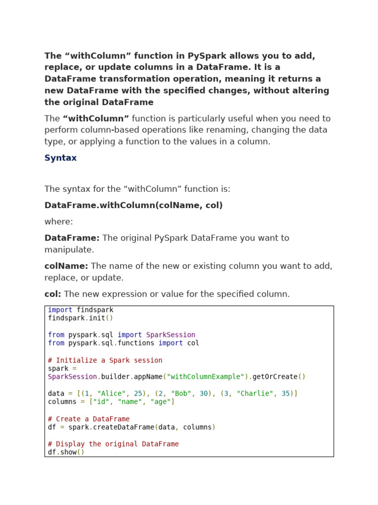 PySpark Withcolumn - A Comprehensive Guide On PySpark "Withcolumn" and Examples | PDF