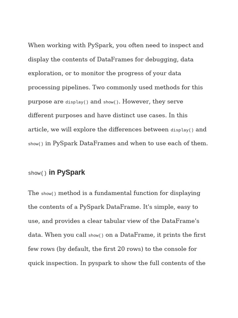 Understanding Display & Show in PySpark DataFrames | PDF