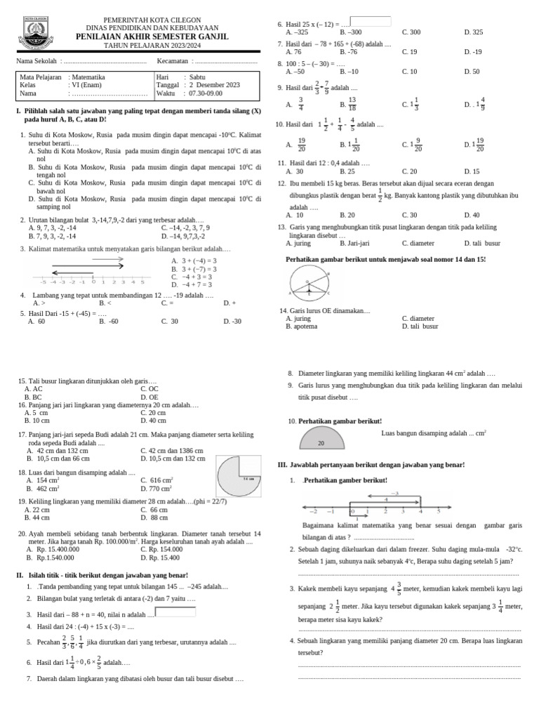 SOAL Matematika Kls 6 | PDF